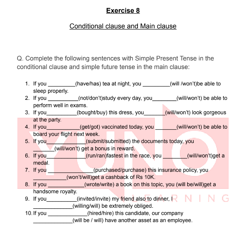 Grammar Exercise 8: Conditional clause and Main clause - Yuno Learning