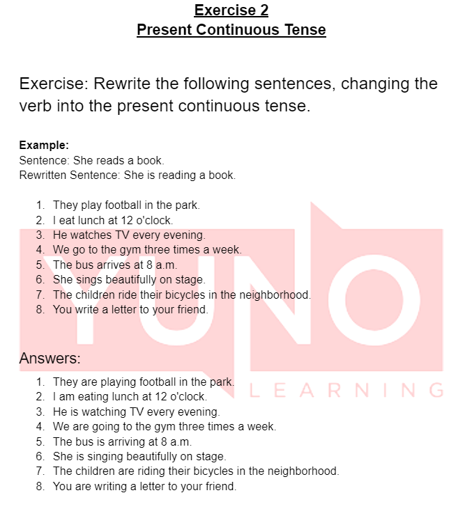 Present Continuous Tense Exercises Present Continuous